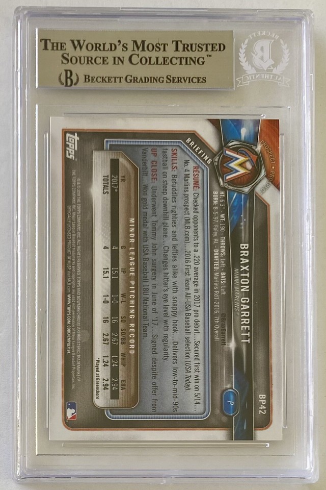 BRAXTON GARRETT SIGNED 2018 BOWMAN PROSPECTS #BP42 BECKETT AUTHENTIC ...