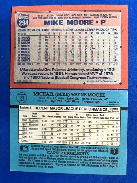 MLB - Mike Moore 1991 Topps 40th Anniv & 1991 Donruss Baseball - A's | eBay