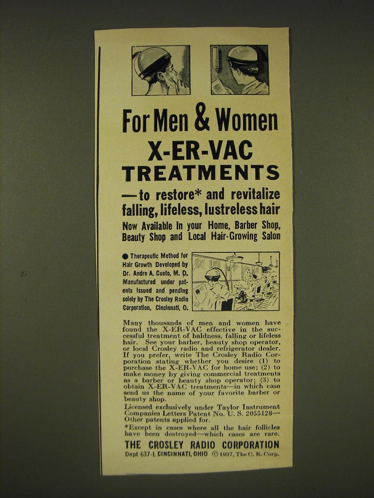 1937 Crosley XERVAC Hair Stimulator Ad - For men & women X-er-vac ...