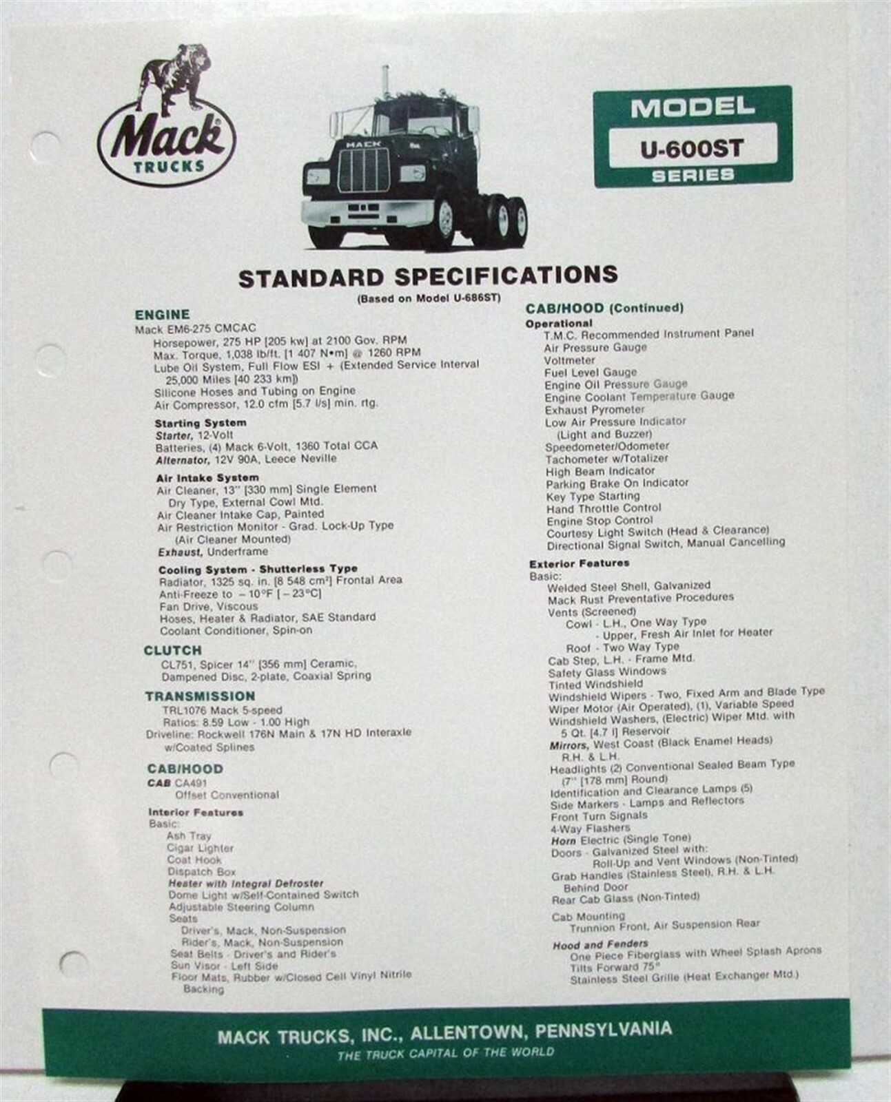 1985 Mack Truck Model U 600ST Specification Sheet | eBay