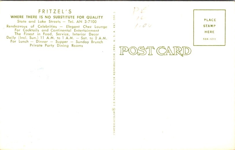 Vintage Postcard Fritzel's Chicago's Famous Restaurant Chicago Illinois ...