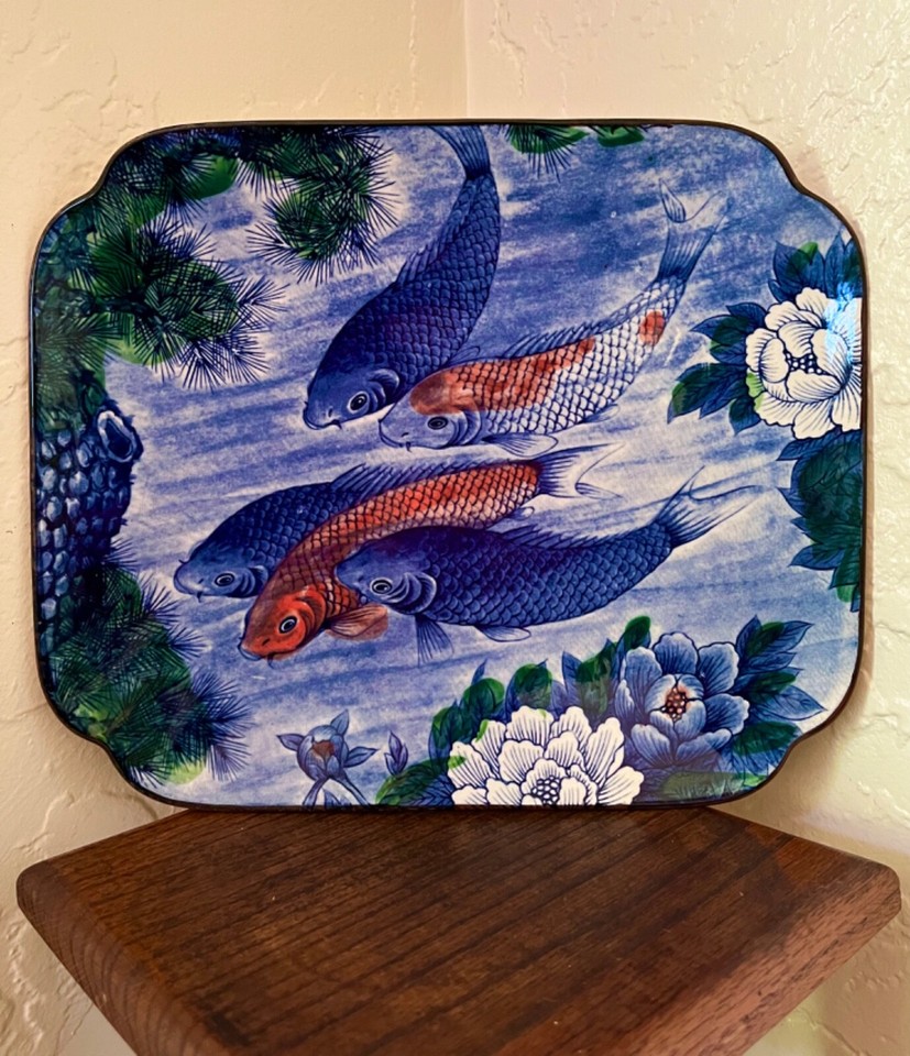 Vintage Koi Fish Hand Painted Ceramic Cobalt Blue Serving Plate Platter ...