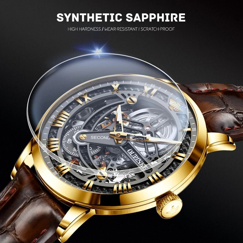 Automatic Waterproof Mechanical Watch Men's Leather Luxury Skeleton Men ...