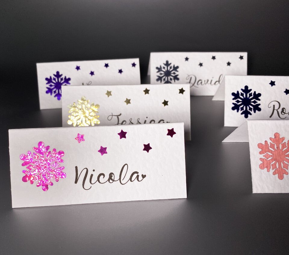 6x Christmas snowflake place CARDS personalised NAME wedding table ...