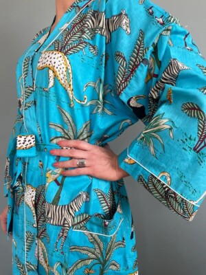 Indian Turquoise Tiger Cotton Robe Long Kimono Sleepwear Night Suit ...