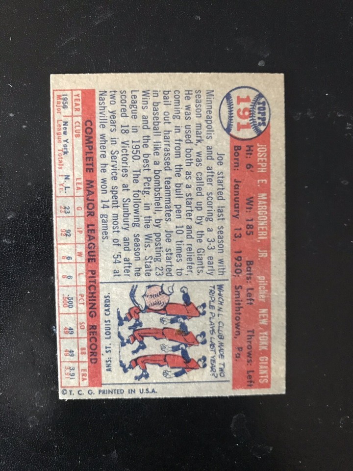 1957 TOPPS #191 JOE MARGONERI NY GIANTS— CREASE FREE💥*** (wph) | eBay