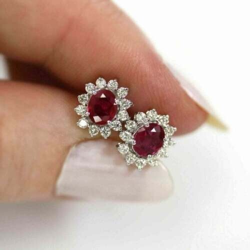 2Ct Oval Lab-Created Red Ruby Diamond Halo Stud Earrings 14K White Gold Finish | eBay