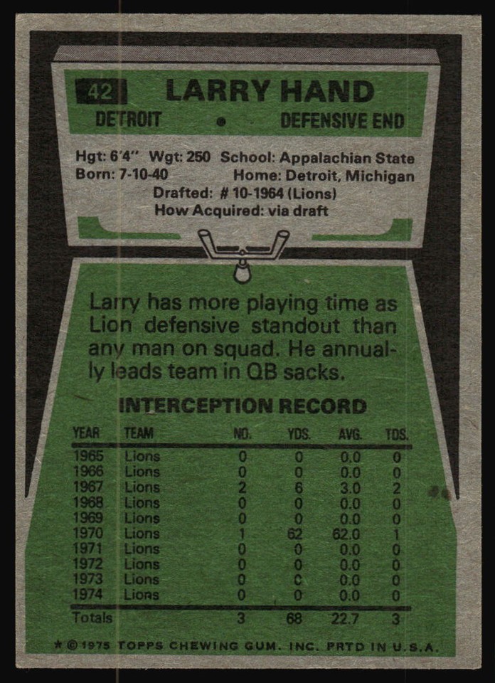 1975 Topps Larry Hand #42 Detroit Lions L5 | eBay