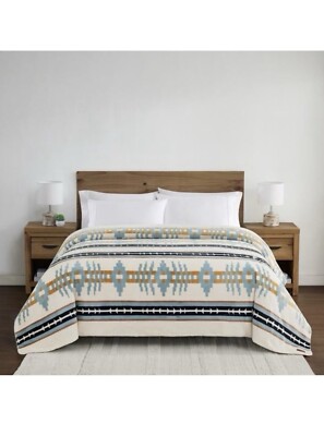 NWT Pendleton Plush Blanket Trail Ridge Queen White Blue | eBay