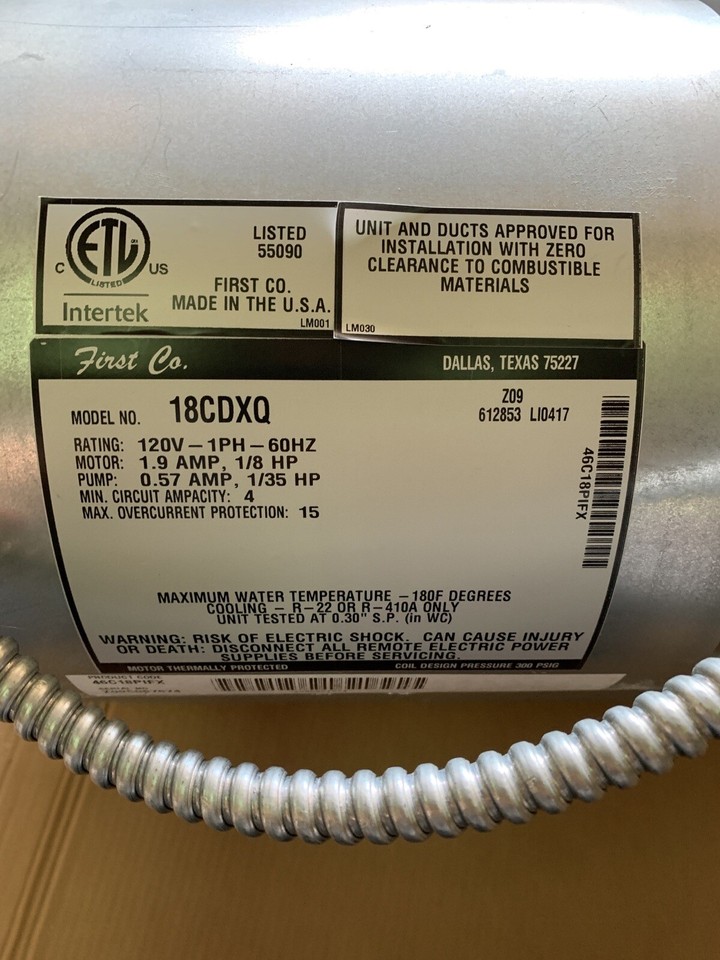 First Co 18CDXQ R410 TXV FR Recessed Ceiling Fan Coil w/ Freeze Stat ...