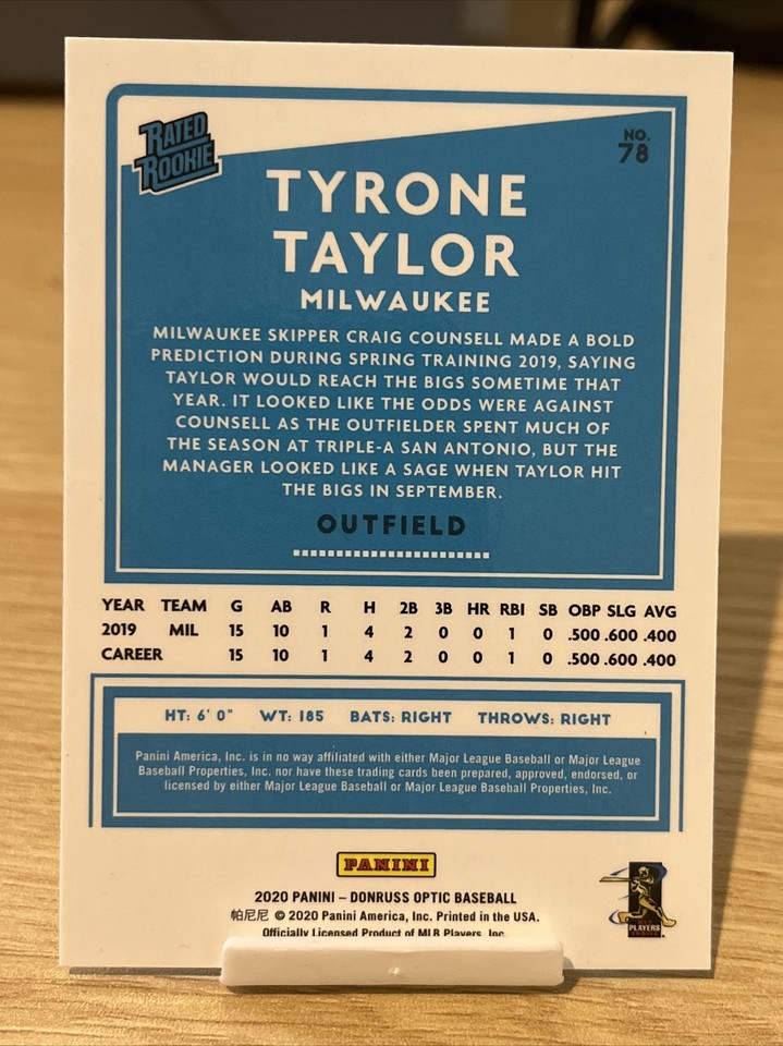 #78 Tyrone Taylor Base Rookie 2021 Panini Donruss Optic Milwaukee ...