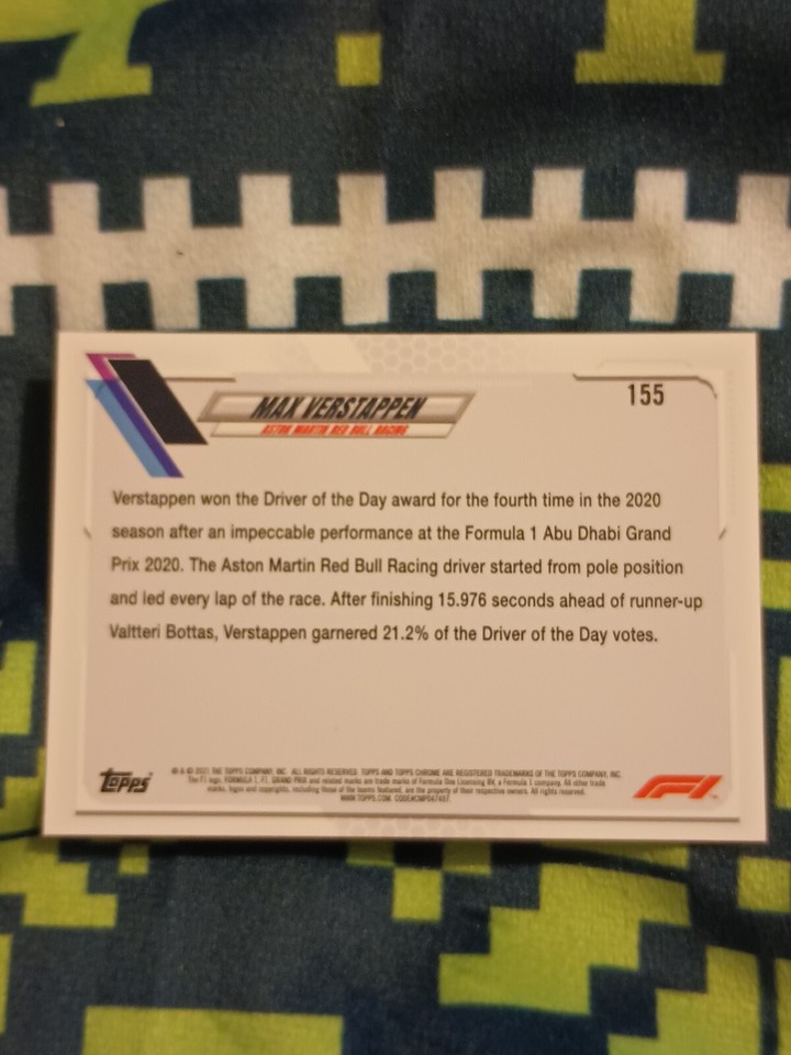 2021 MAX VERSTAPPEN TOPPS CHROME #155 DRIVER OF THE DAY ABU DHABI CARD ...
