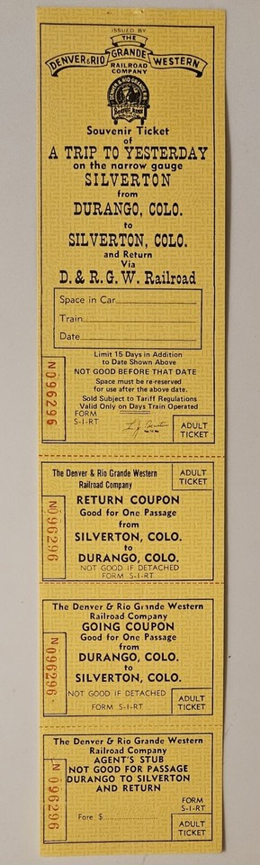 Ticket Silverton Narrow Gauge Railroad Durango to Silverton D&RGW ...