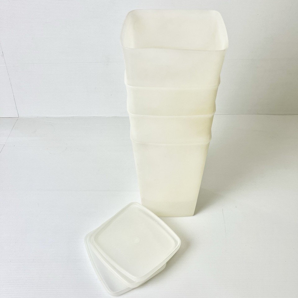 4 STACKABLE VINTAGE TUPPERWARE CLEAR SQUARE TALL and SHORT CONTAINERS ...