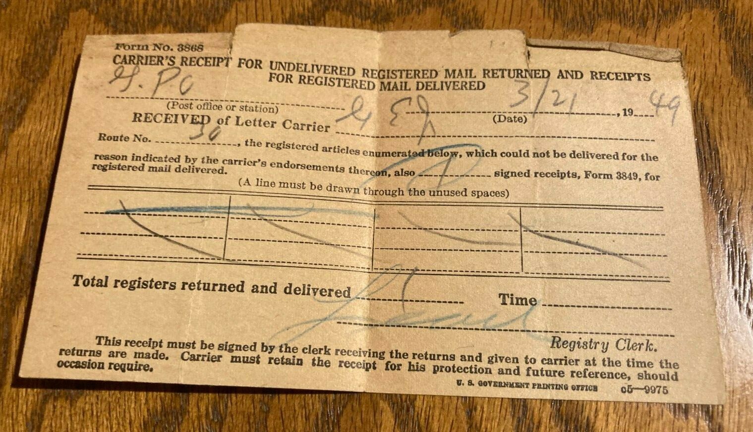 USPS Form 3868 Carrier's receipt for undelivered registered mail ...