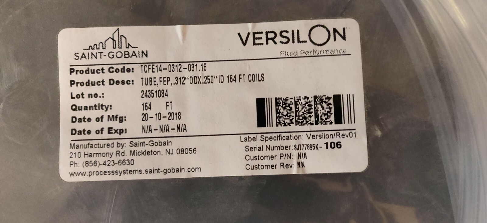 Saint-Gobain Versilon FEP Tubing .312" od x .250" id 5/16 x 1/4 164 ...