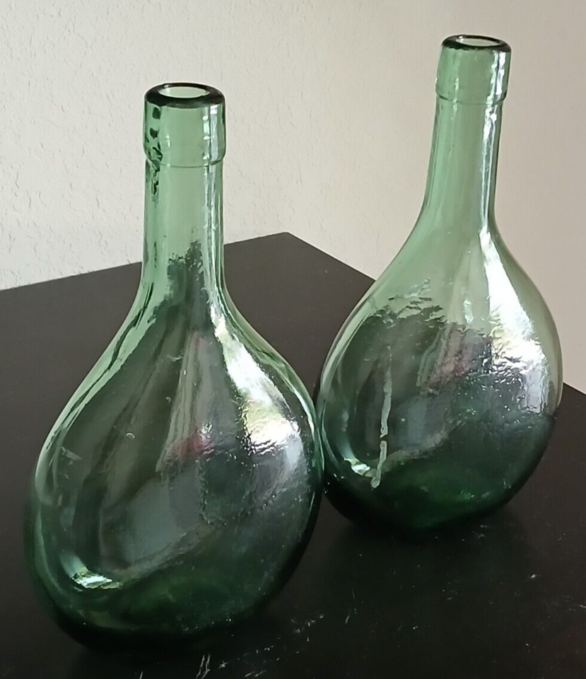 2 Green Glass Flask Flat Bottles 8.3" Tall Vintage | eBay