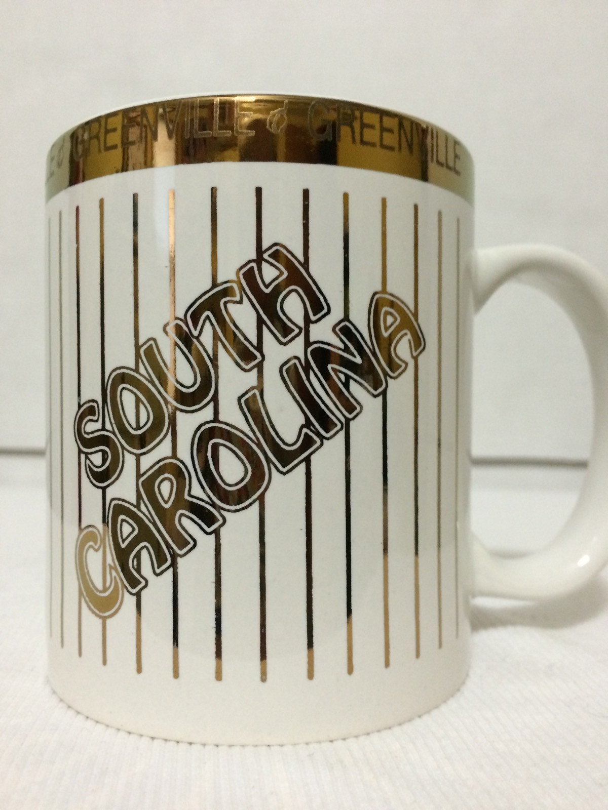 Souvenir Coffee Mug Cup White w Gold Trim Greenville South Carolina 10 ...