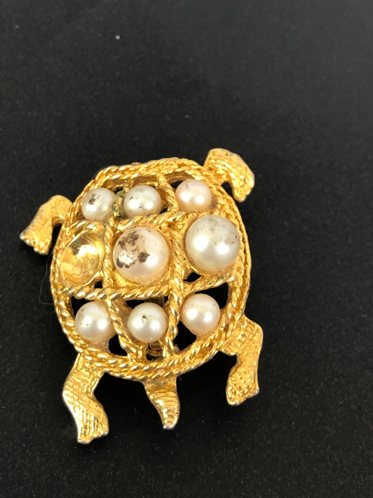 Vintage Gold Headless Turtle with Pearls Beaded Shell… - Gem