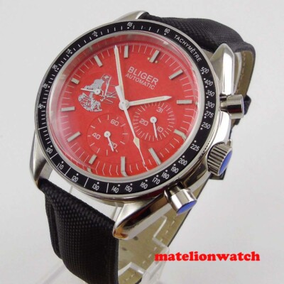 Bliger 40mm Automatic Mens Wristwatch Date Function Red Dial leather ...