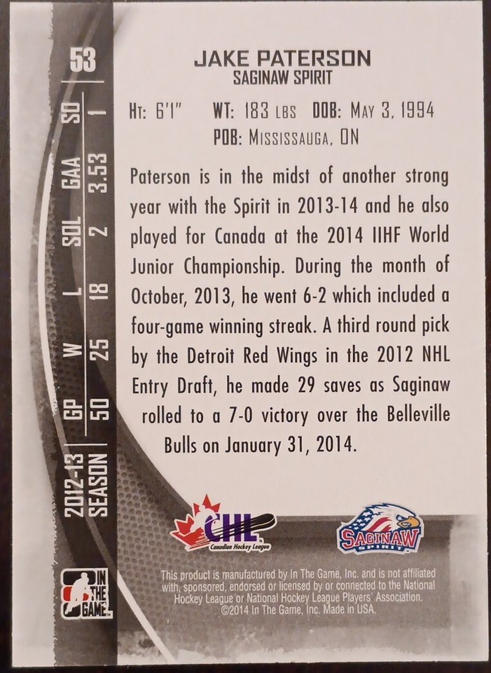 2013 - 2014 ITG Between The Pipes Jake Paterson #53 Hockey Card | eBay