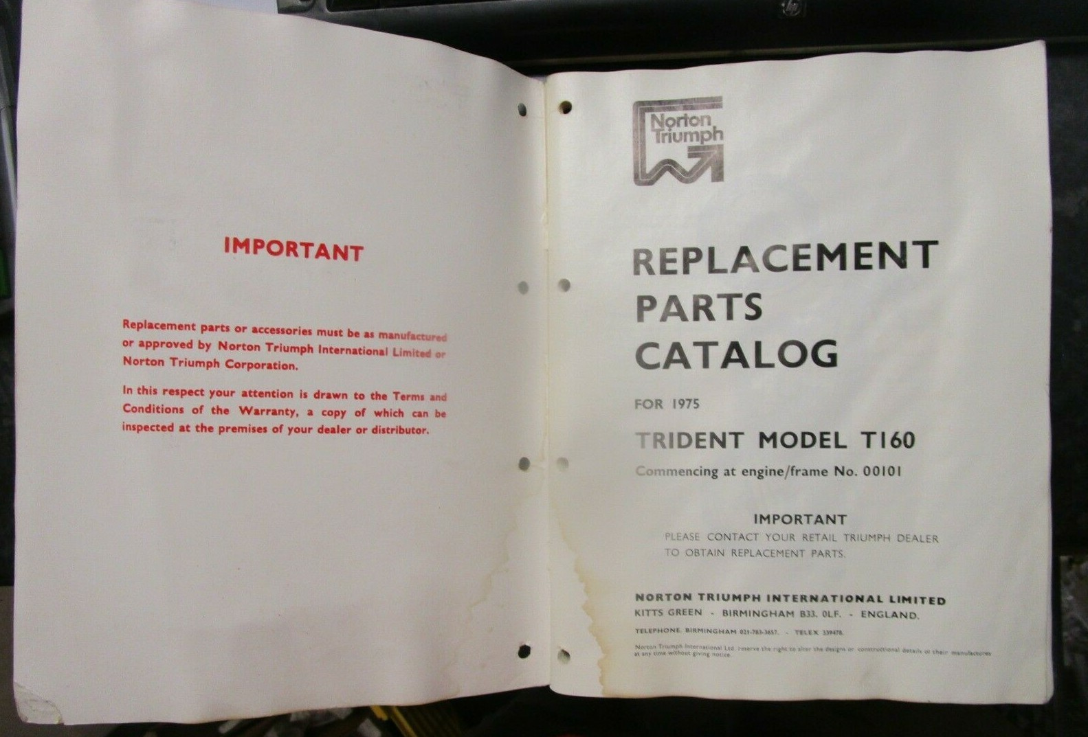 1975 NOS TRIUMPH T160 TRIDENT REPLACEMENT PARTS CATALOG OEM 45CU.IN ...