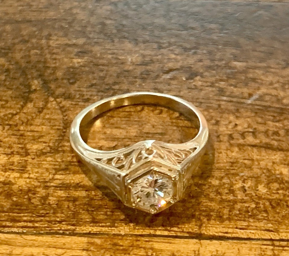 Women’s White Gold Used Diamond Ring Antique Art Deco Engagement .65 Ct ...