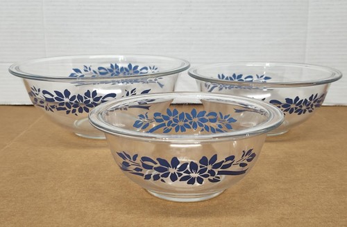 Set Of 3 PYREX Corning Vintage Clear Blue Flower Ribbon Nesting Bowls ...