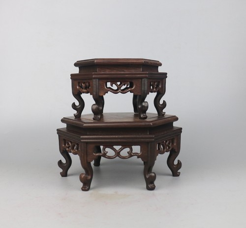 2Pcs Chinese Hexagonal Wooden Base Stand Display Brown Ji Chi Wood ...