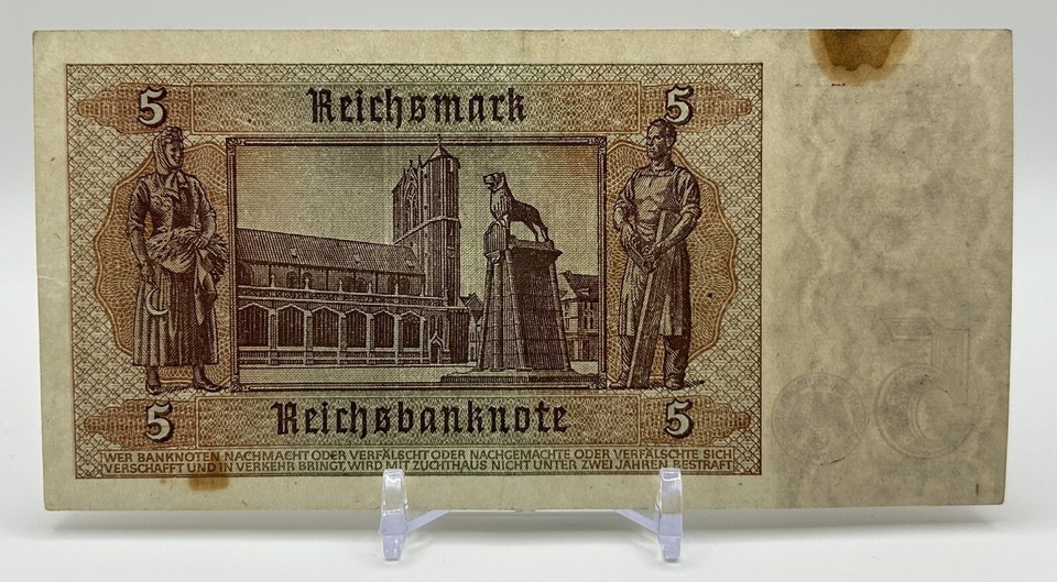 Germany WW2 5 Reichsmark Circulated WORN Original Currency Fünf ...