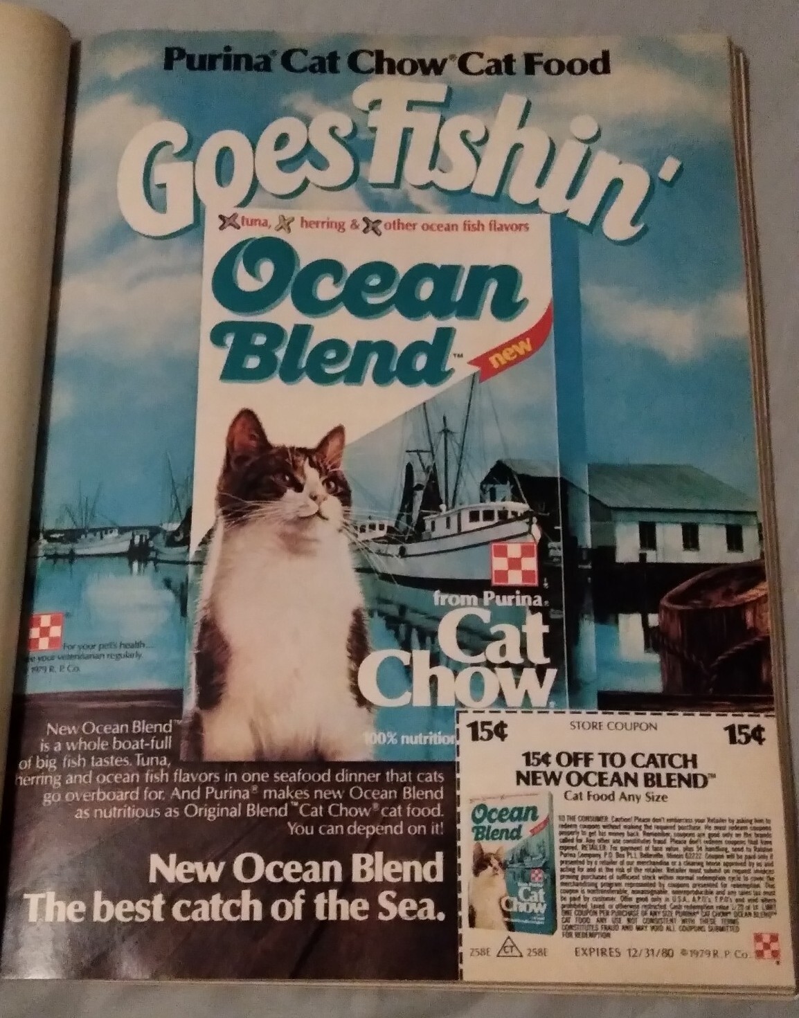 Purina Cat Chow Print Ad 1979 Food Goes Fishin Ocean Blend Sail Boat ...