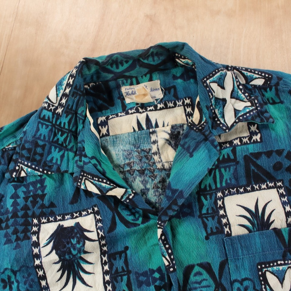 HUKILAU FASHIONS Hawaiian barkcloth tiki camp shirt LARGE tag vtg 60s ...