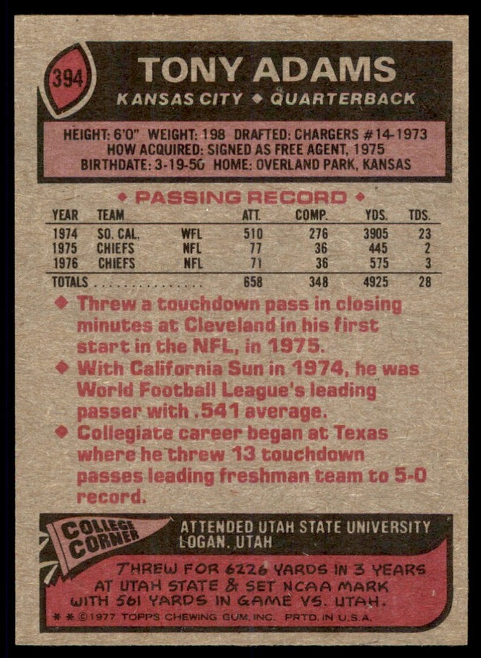 1977 Topps Tony Adams Kansas City Chiefs #394 | eBay