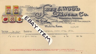 1909 color BILLHEAD Wichita Kansas JETT & WOOD GROCER COMPANY Wheeler ...