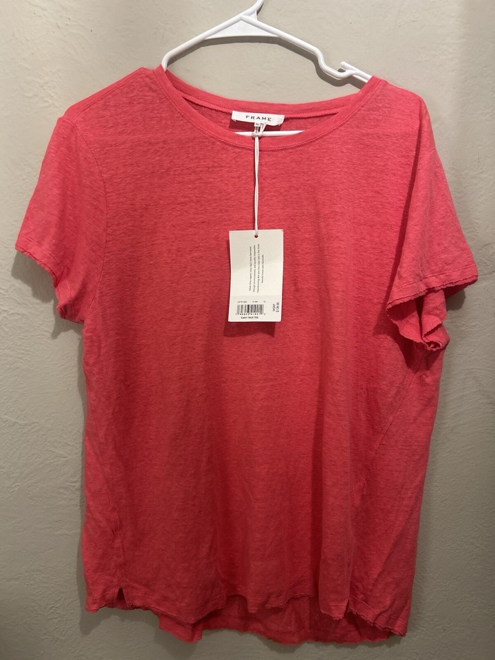 $135 NEW NWT FRAME Easy True Tee Shirt Cornflower Flamingo LINEN Short ...