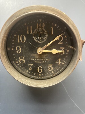 Antique WWII Keyless Auto Clock Co -8 Day Rim Wind Rim Set Ship Clock ...