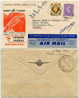 FIRST FLIGHT COVER QANTAS SIGNED BOTH PILOTS LONDON to SYDNEY AUSTRALIA ...
