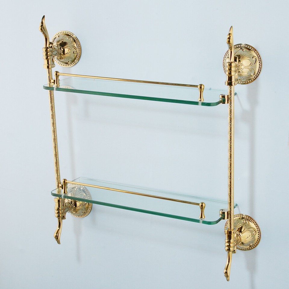 Luxury Gold Bathroom Wall Mount Shower Gel Shampoo Storage Glass Shelf ...