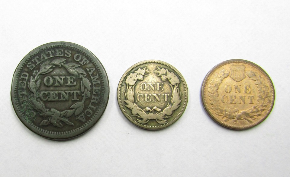 3 Type Coin Cent Lot, 1846 Large Cent- 1857 Flying Eagle- 1899 Indian ...