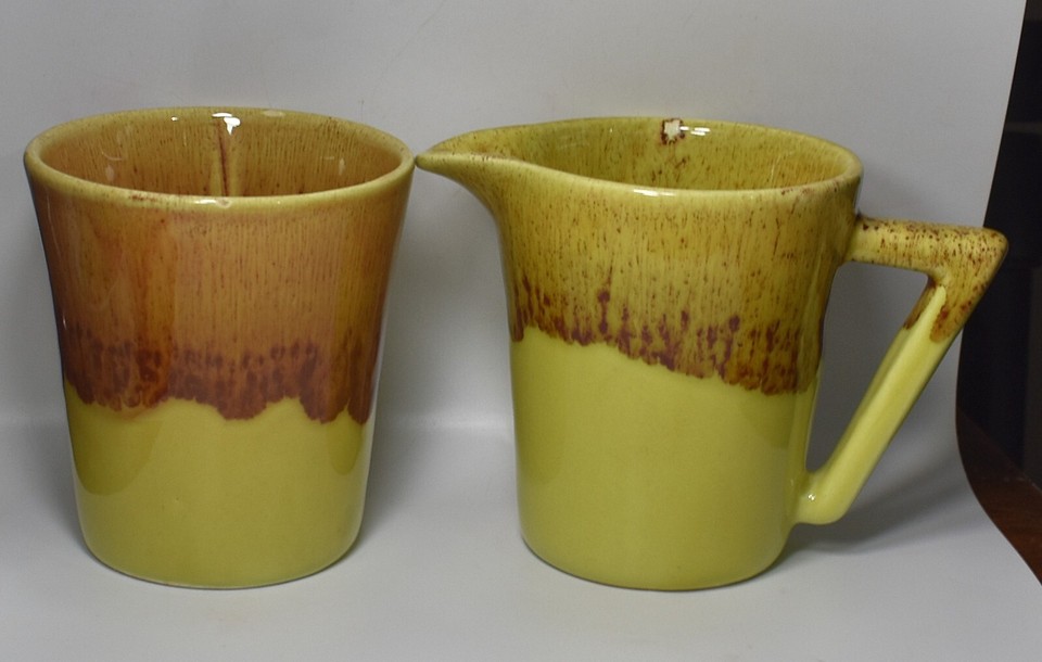 Midcentury WINART Art Pottery Set Yellow Brown Drip Glaze Sugar & Cream ...