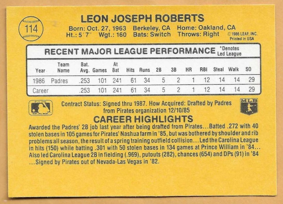 LEON "BIP ROBERTS SAN DIEGO PADRES #114 - DONRUSS NM-MT 1987 | eBay