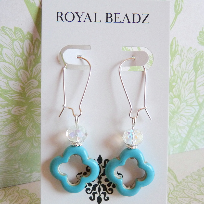 QUATREFOIL Clover Blue Aqua Howlite Turquoise Clear Crystal BOHO Silver ...