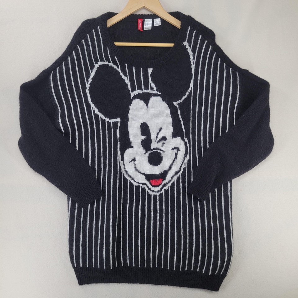 Disney Mickey Mouse Sweater Womens Large Black White Knit Pullover ...