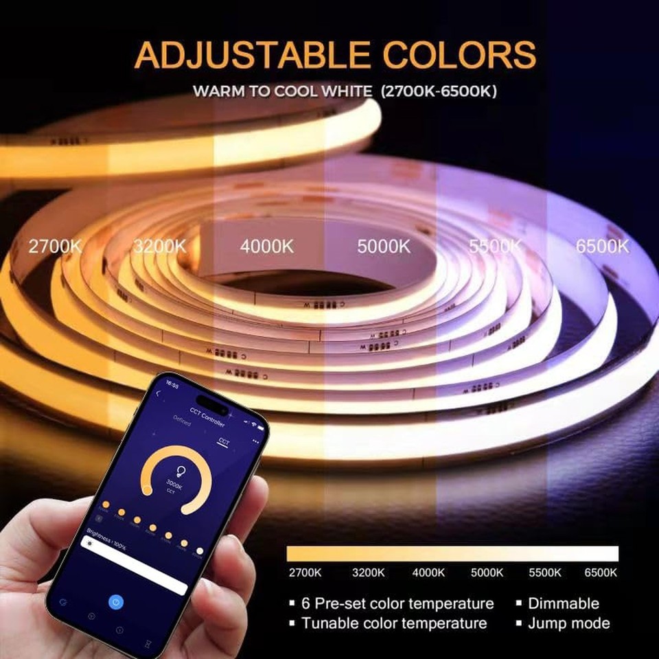 CCT COB LED Strip Lights 16.4ft, Tunable White Warm White to Cool White ...