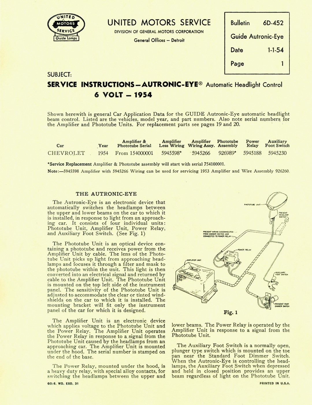 1954 6 volt Autronic Eye Chevrolet Automatic Dimmer Service and Parts ...