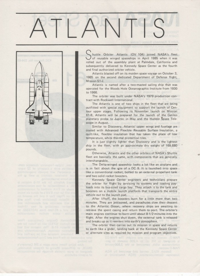 SPACE - PRESS (1985) NASA Fact Sheet: 61-B ATLANTIS (234-85) | eBay