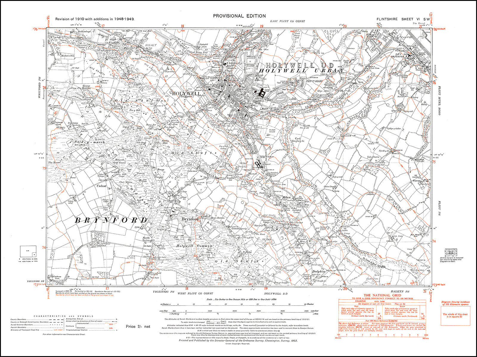 Holywell, Bagillt west, Brynford, old map Flintshire 1949: 6SW repro ...
