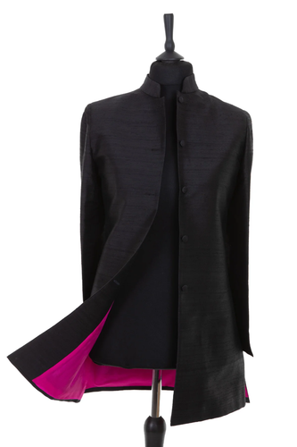 Long Nehru Collar Coat, Jacket Jet Black Raw Silk women's wear ...