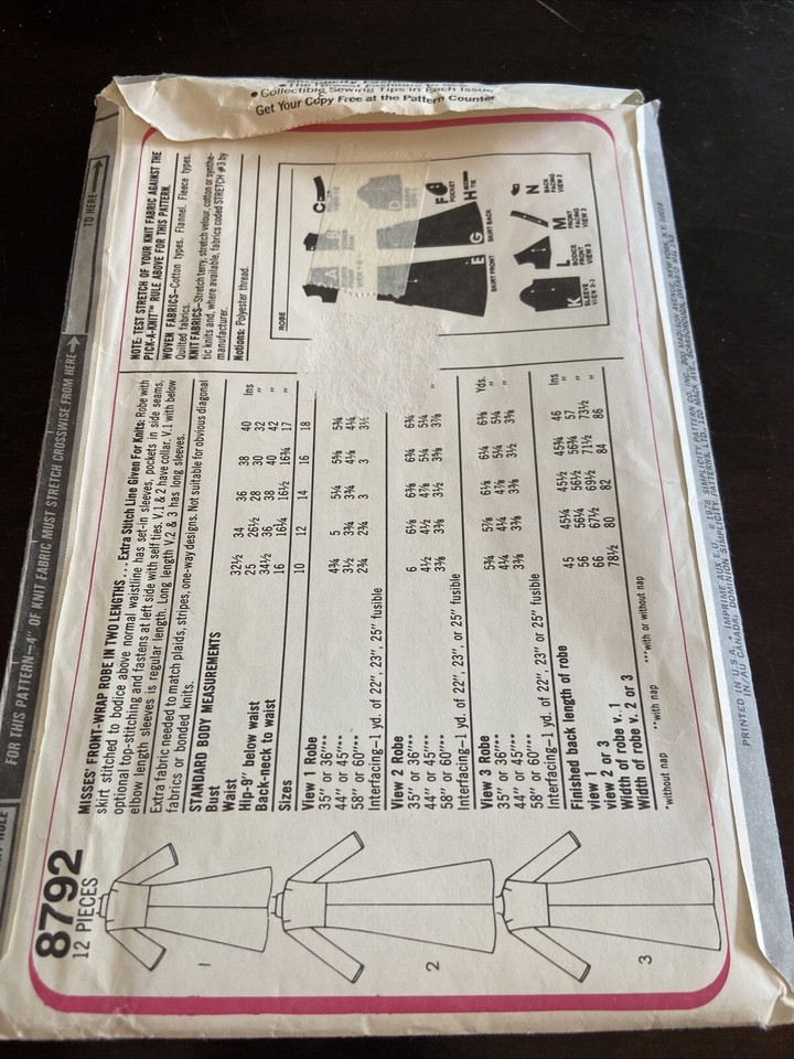 Simplicity 8792 Pattern Misses Front Wrap Robe 2 Lengths Size 10 ...