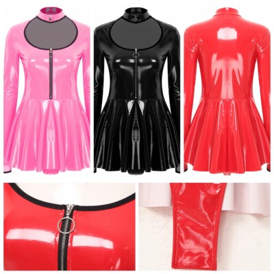 Ladies Leotard Rave Bodysuit Wet Look Dress Mock Neck Catsuit Micro ...